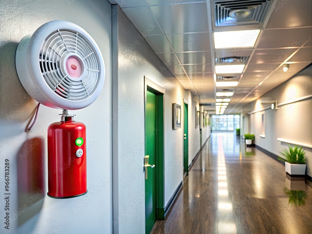 A smoke detector and fire extinguisher are mounted on a wall in a well ...