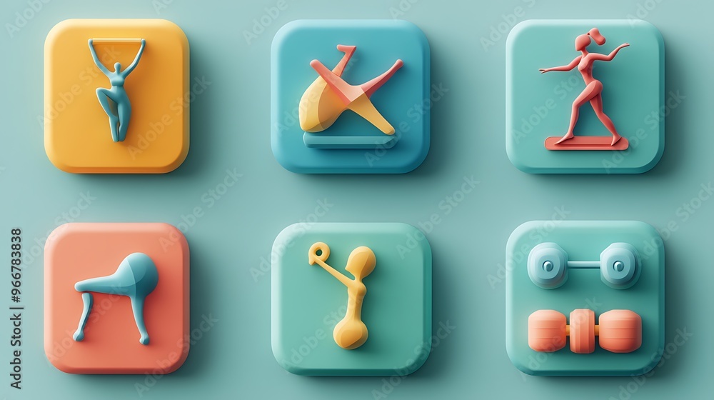 3D illustrated icon set for a fitness app, featuring icons for ...