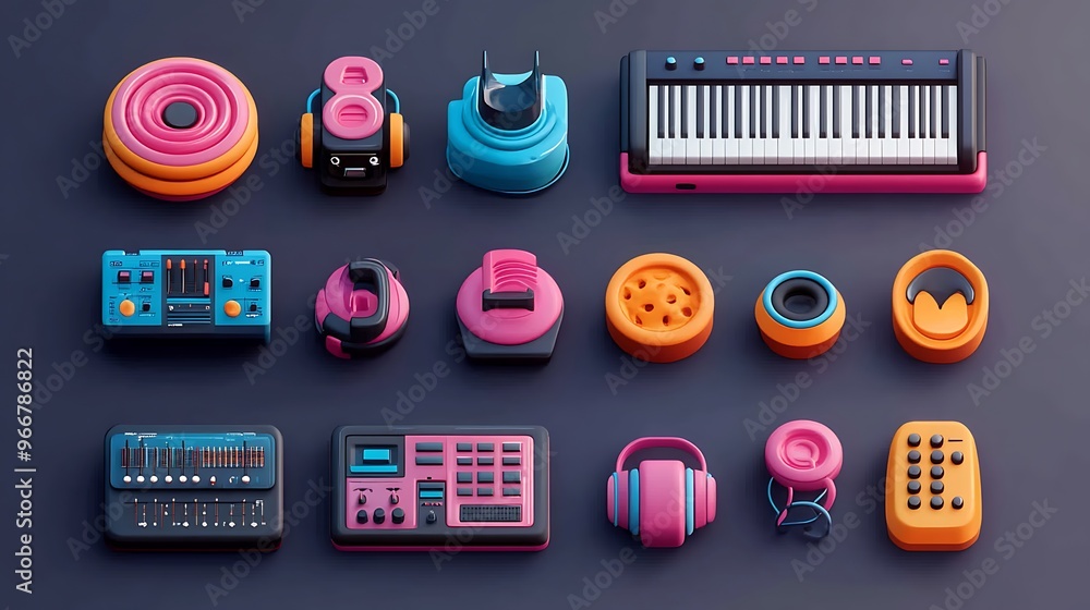 3D illustrated icon set for a music app, featuring icons for different ...
