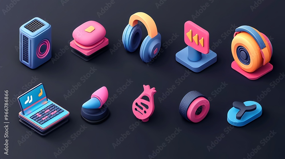 3D illustrated icon set for a music app, featuring icons for different ...