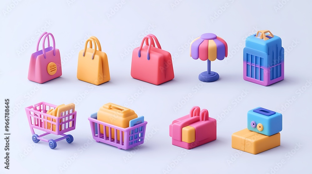 3D illustrated icon set for a shopping app, featuring icons for ...