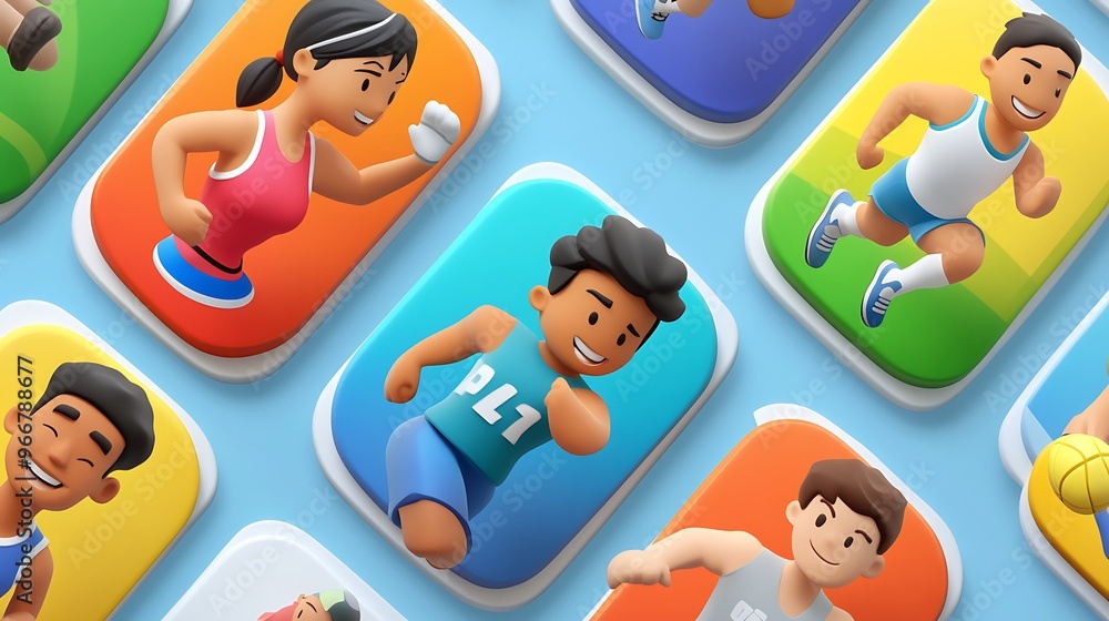 3D illustrated icon set for a sports app, featuring icons for different ...