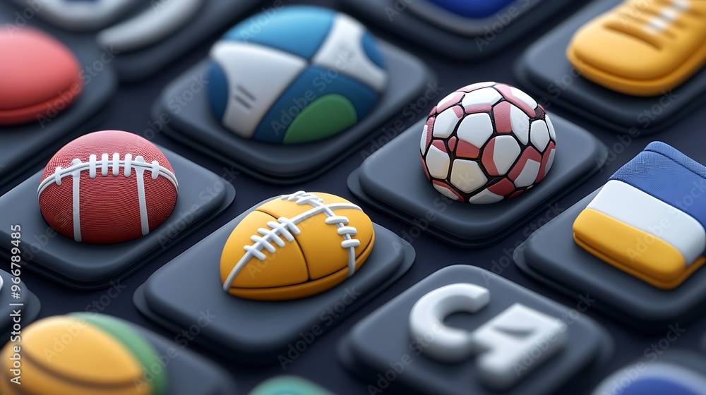 3D illustrated icon set for a sports app, featuring icons for different ...