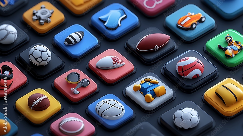 3D illustrated icon set for a sports app, featuring icons for different ...