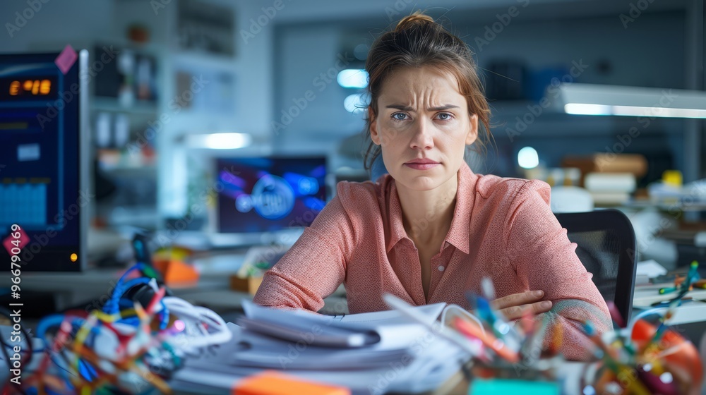 Office worker looking stressed and overwhelmed at a desk full of ...