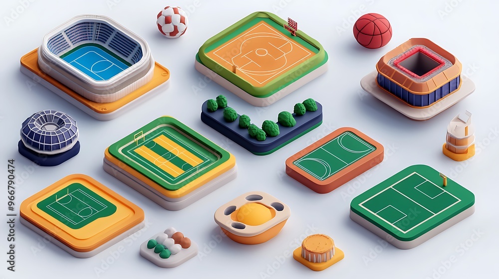 3D illustrated icon set for a sports app, featuring icons for different ...