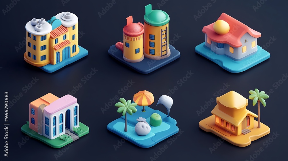 3D illustrated icon set for a travel app, featuring icons for different ...