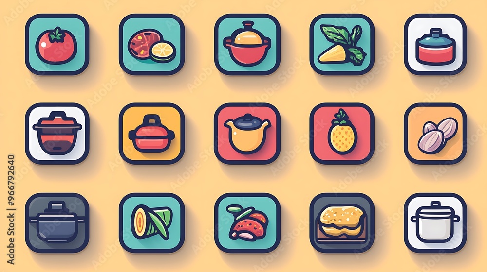 Colorful icon set for a cooking app, featuring icons for different ...