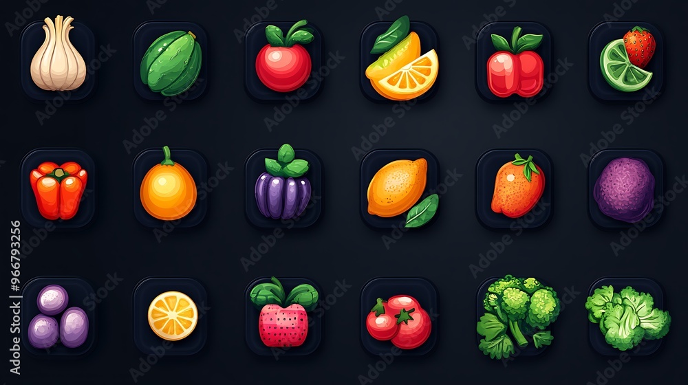 Colorful icon set for a food app, featuring icons for different types ...