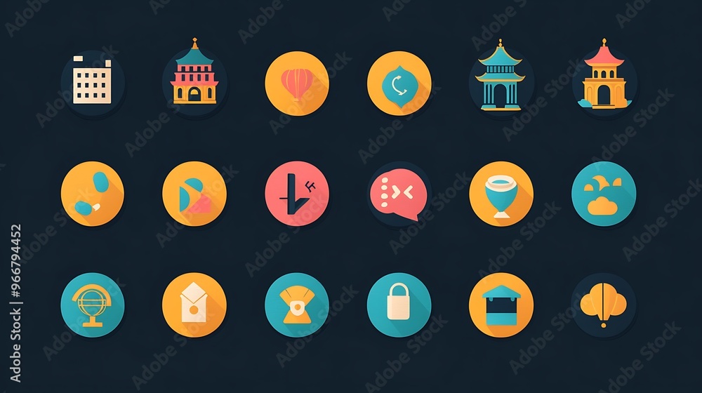 Flat vector icon set for a language learning app, featuring icons for ...