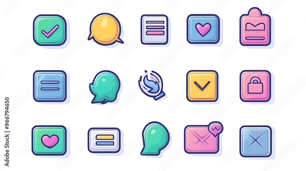 Flat vector icon set for a messaging app, featuring icons for different ...