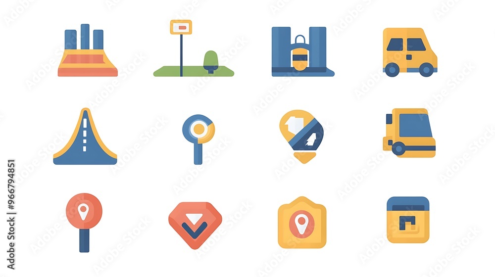 Flat vector icon set for a navigation app, featuring icons for ...