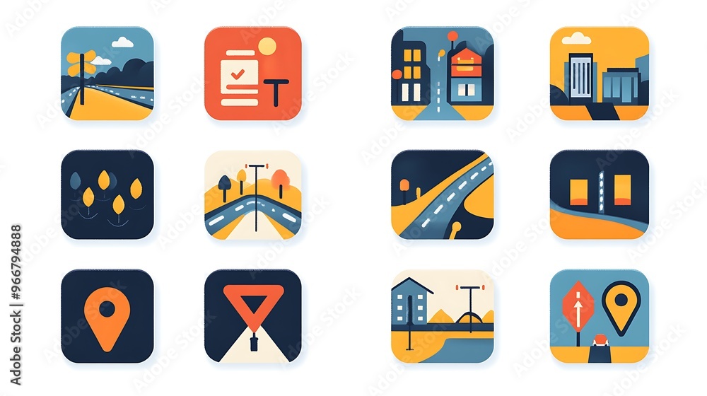 Flat vector icon set for a navigation app, featuring icons for ...