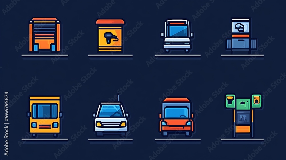 Flat vector icon set for a transportation app, featuring icons for ...
