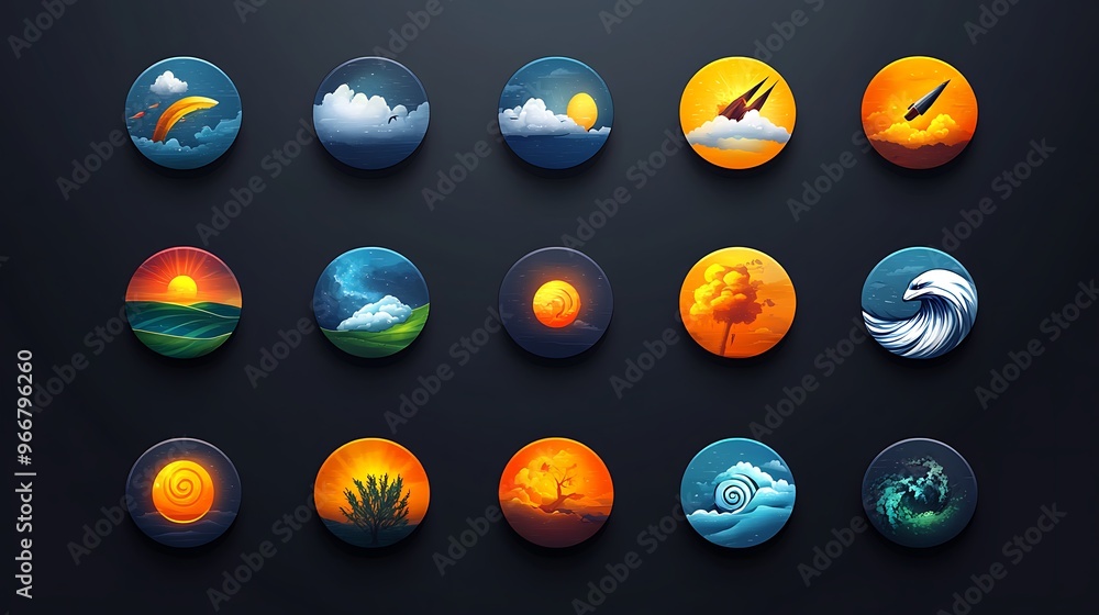 Flat vector icon set for a weather app, featuring icons for different types of storms like ...