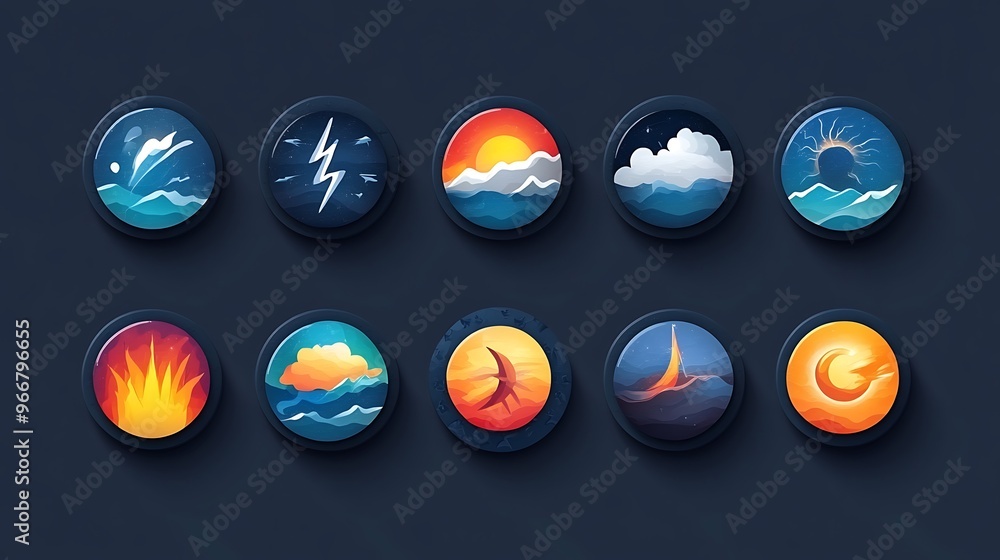 Flat vector icon set for a weather app, featuring icons for different ...