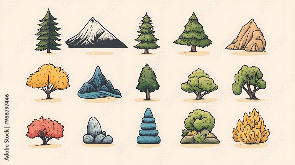 Hand-drawn icon set for a meditation app, featuring icons for different ...