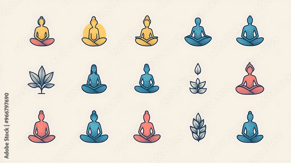 Hand-drawn icon set for a mindfulness app, featuring icons for ...