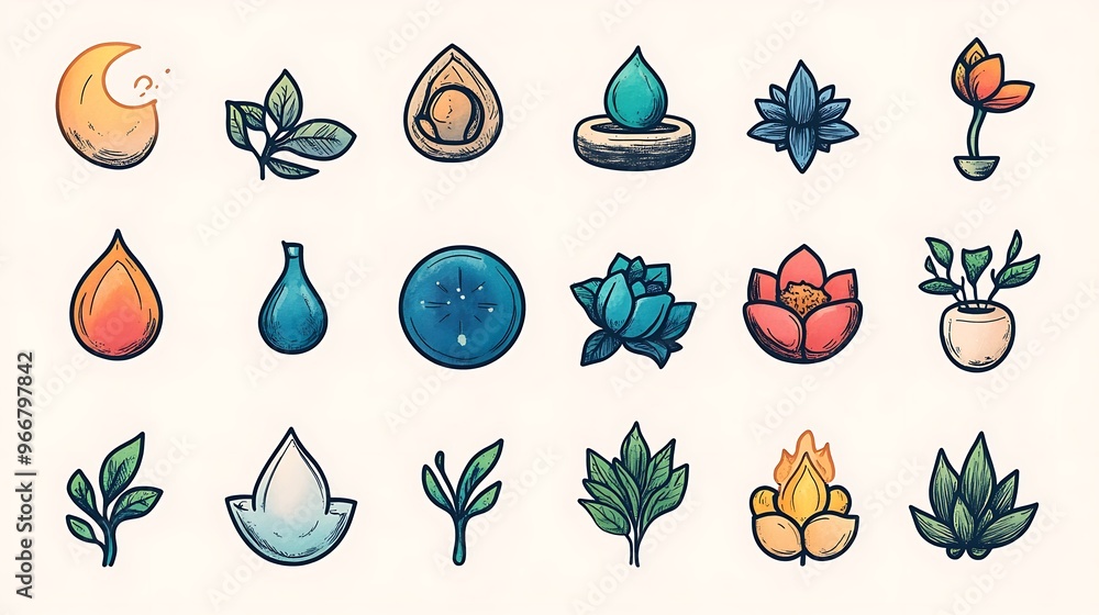 Hand-drawn icon set for a mindfulness app, featuring icons for ...