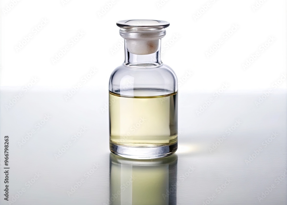 Clear glass vial containing cyclohexanone, a colorless liquid solvent ...