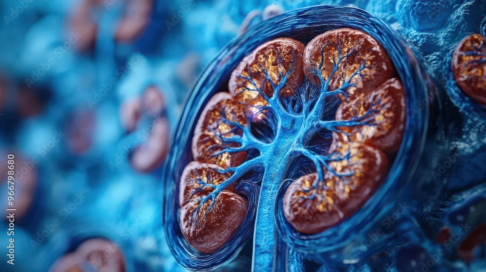 Cutaway view of a human kidney showing the internal structures, body ...