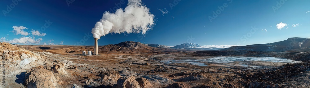 Panoramic view of a geothermal power station in a volcanic area ...