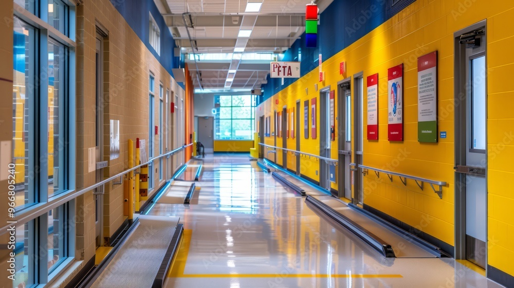 A school hallway with ramps and accessible signage for handicapped ...