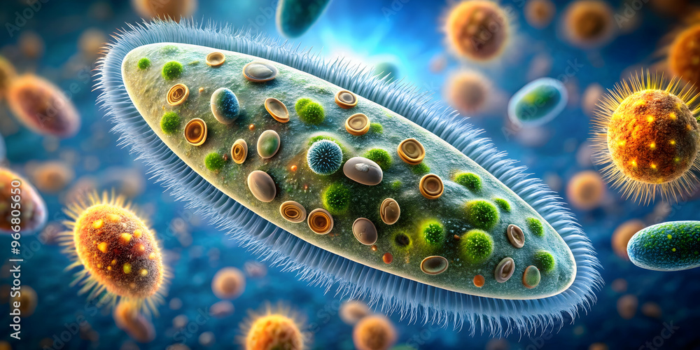 Póster Microscopic Universe: A vibrant paramecium dominates, cilia ...