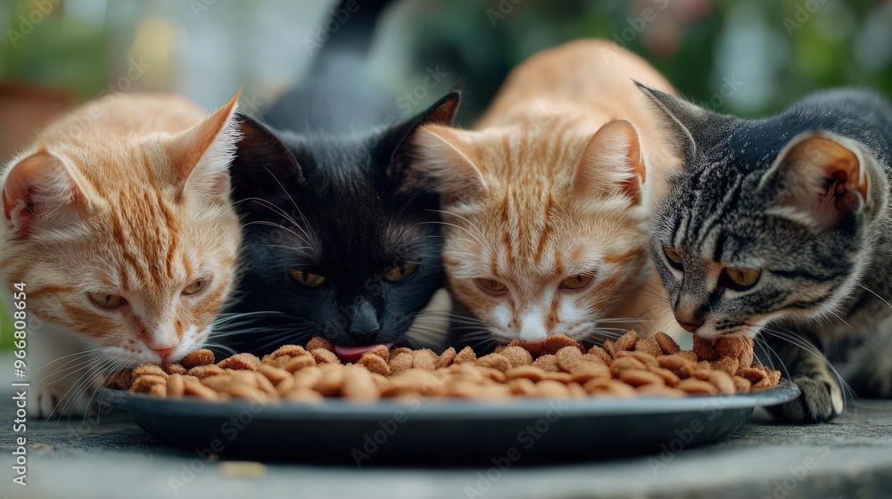 Four cats of different breeds compete together to eat cat food ...