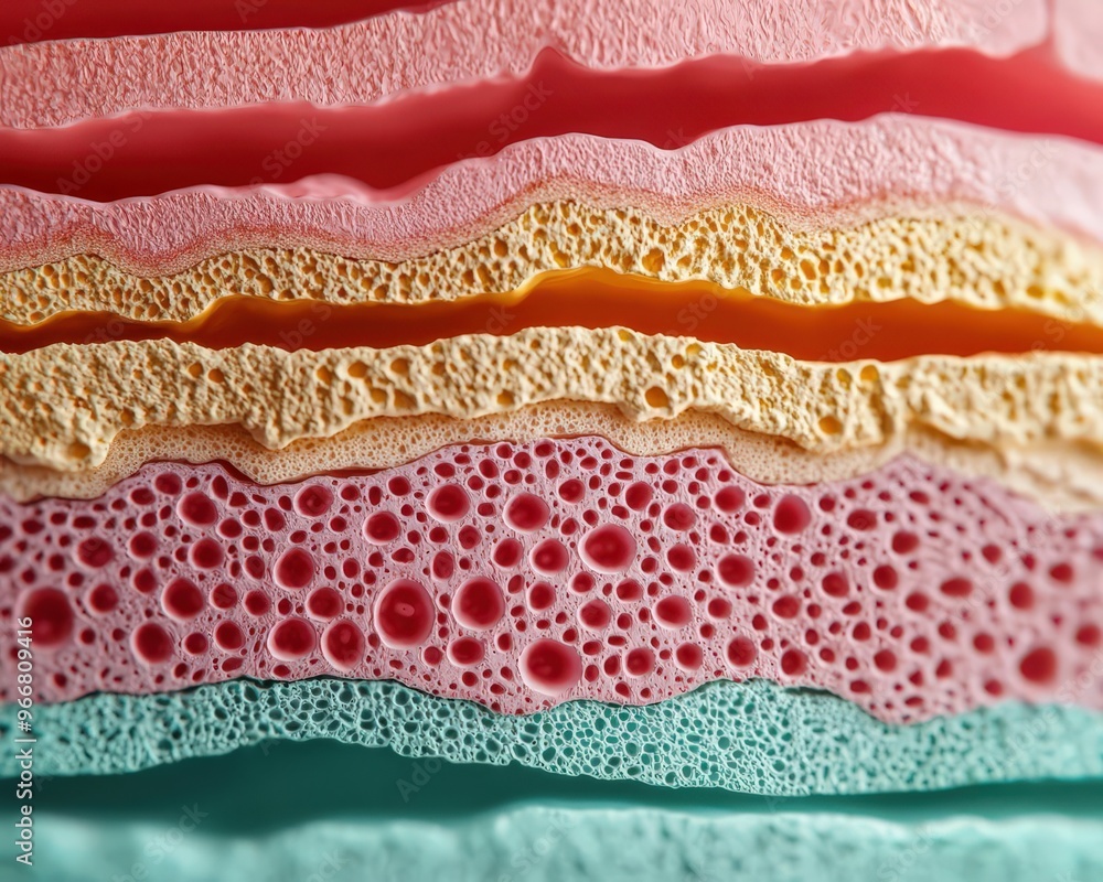 Crosssection of magnified skin cells, showing the epidermal layers, 3D ...