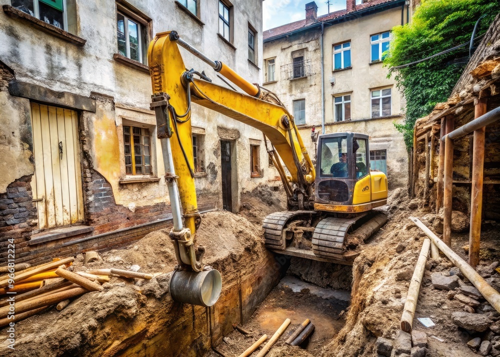 Dirty excavator digging deep into muddy foundation beneath old house ...