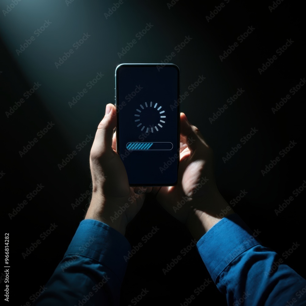 Man holding smartphone, loading progress bar icon, technology concept ...