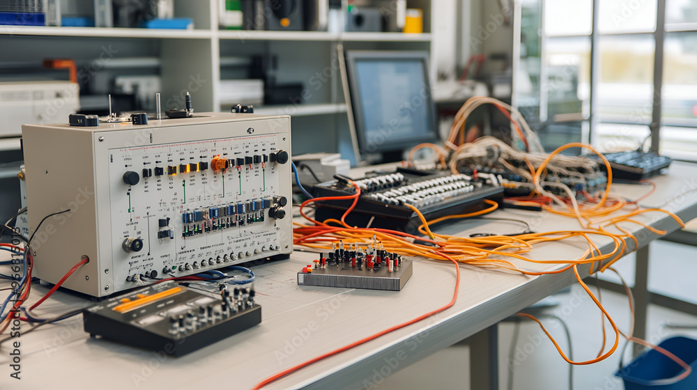 Electronic testing equipment setup on a workbench The scene includes an ...