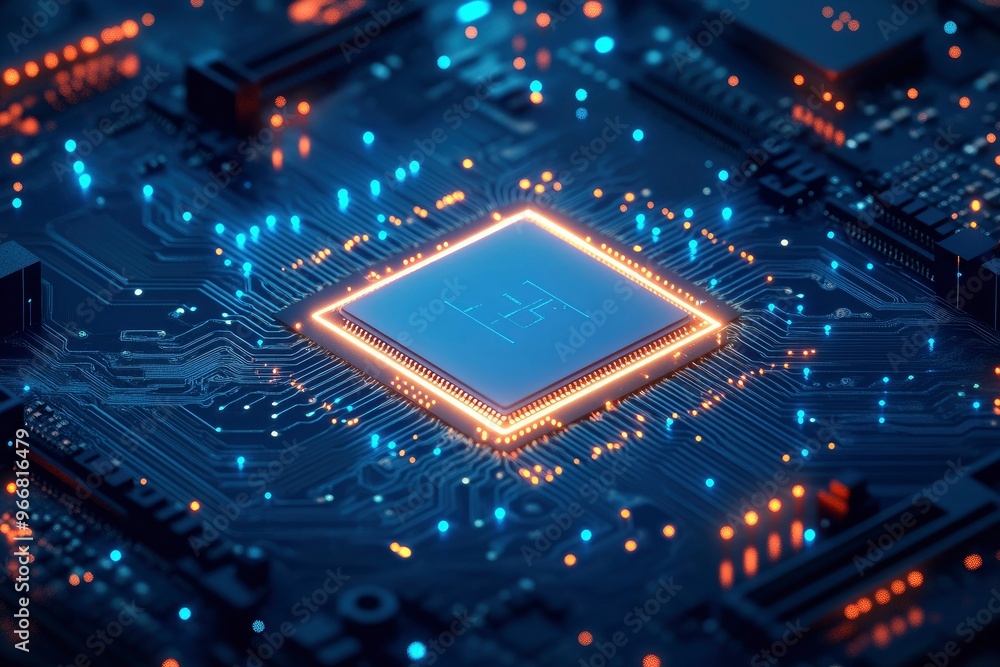Brightly glowing AI chip on light circuit board on technology blue background. CPU processor or ...