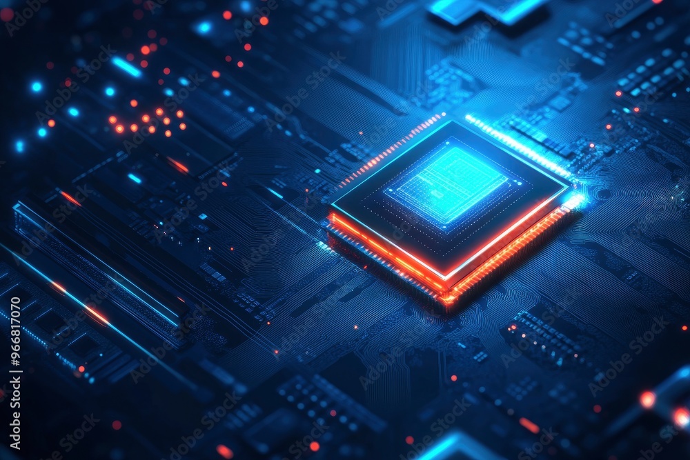 Brightly glowing AI chip on light circuit board on technology blue background. CPU processor or ...