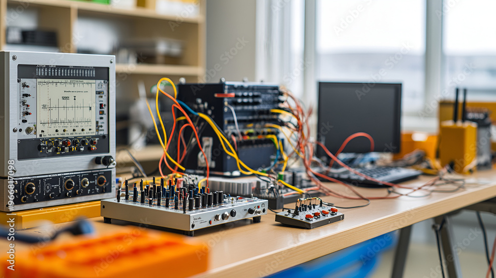 Electronic testing equipment setup on a workbench The scene includes an ...
