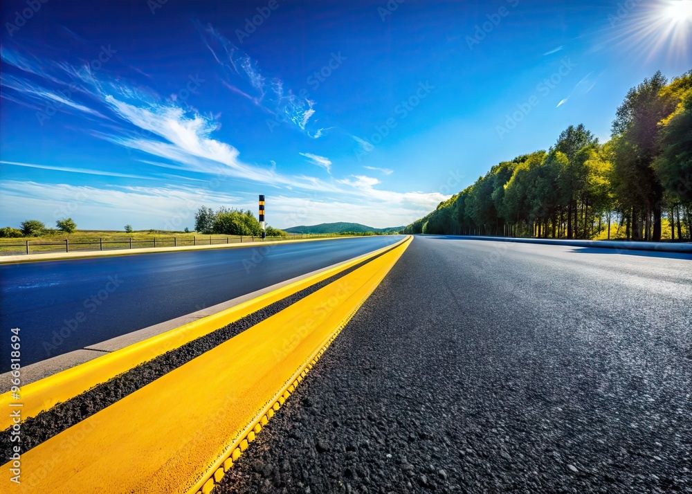 Freshly laid asphalt surface with a newly installed road cap, complete ...
