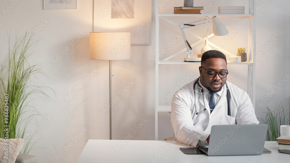 Healthcare specialist. Computer report. Modern clinic. Serious focused ...