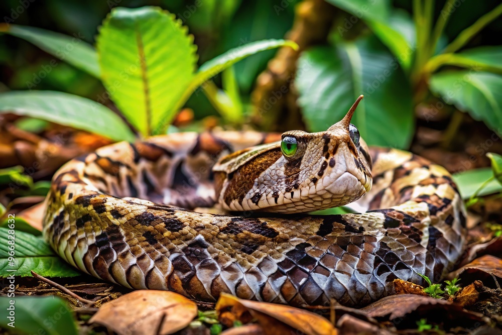 Rare vividly patterned Gaboon viper coiled in dense tropical forest ...