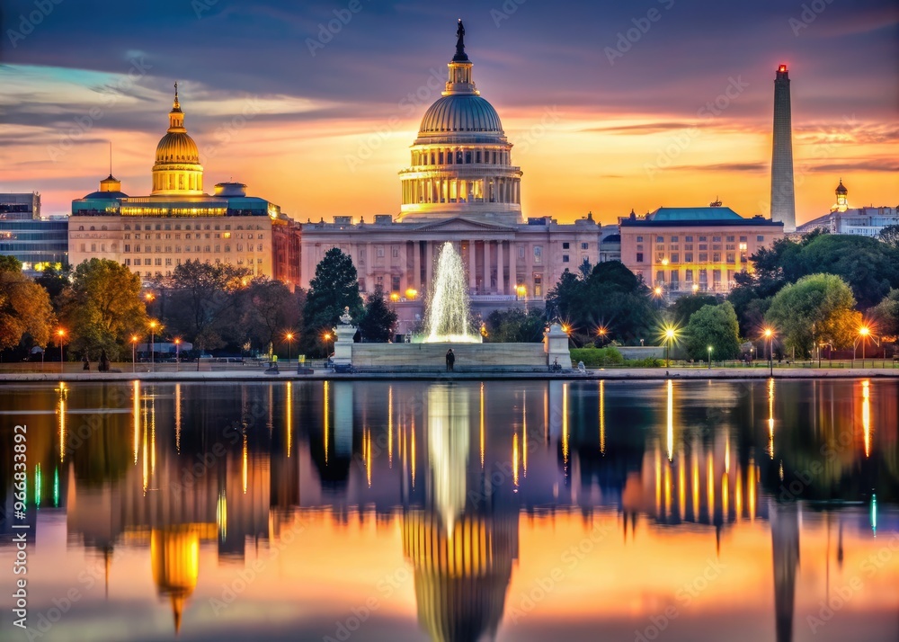 Modern cityscape of Washington D.C. at dusk, featuring illuminated ...