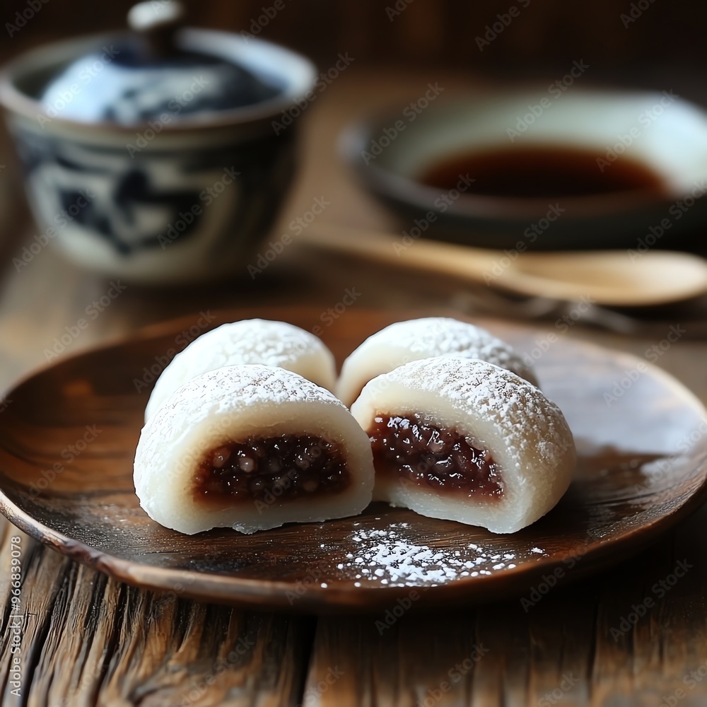 Daifuku mochi with red bean filling, dusted with kinako, Japanese food ...