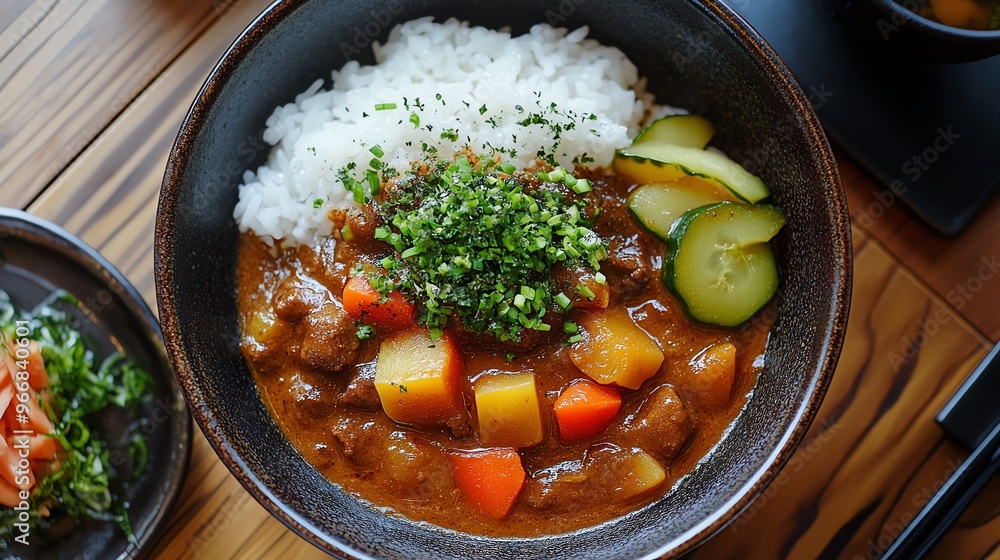 Japanese curry served with a side of steamed rice and pickles, Japanese ...