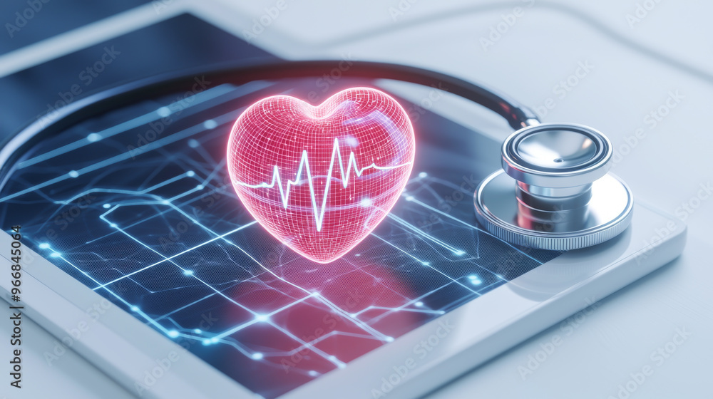 A digital heart monitor displaying pulse rates with a glowing heart ...