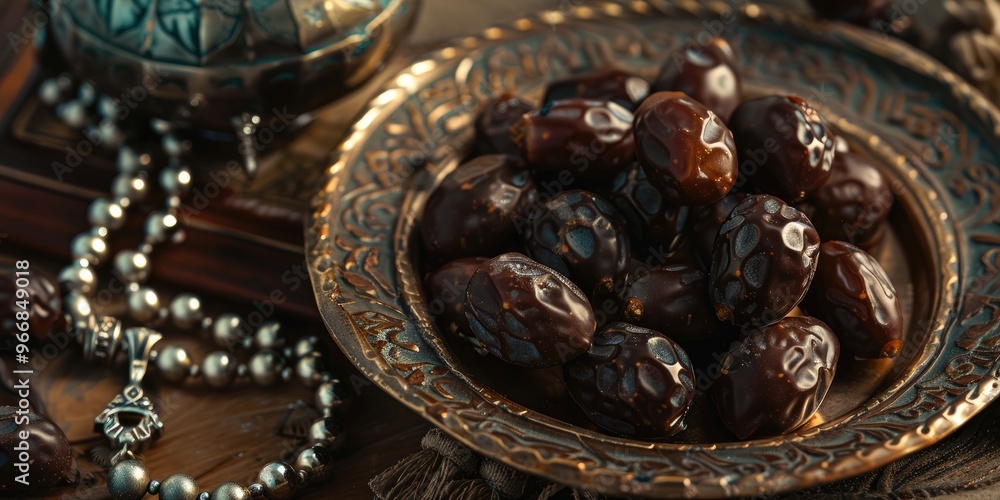 Islamic lantern fanous silver rosary and chocolate covered dates as a ...