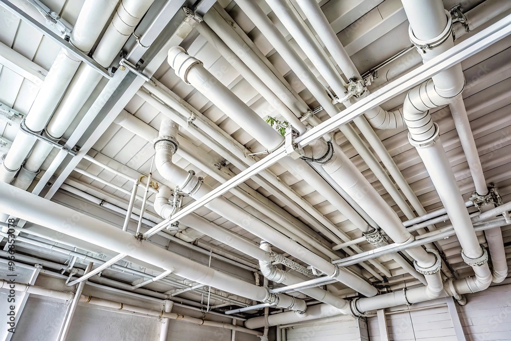 Rustic white ceiling with pipes and conduits viewed from below Stock ...