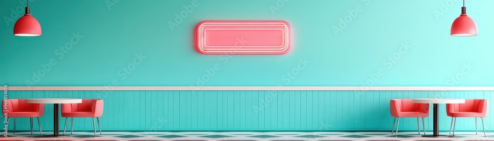 Modern retro diner setting with teal walls, pink chairs, and neon sign ...