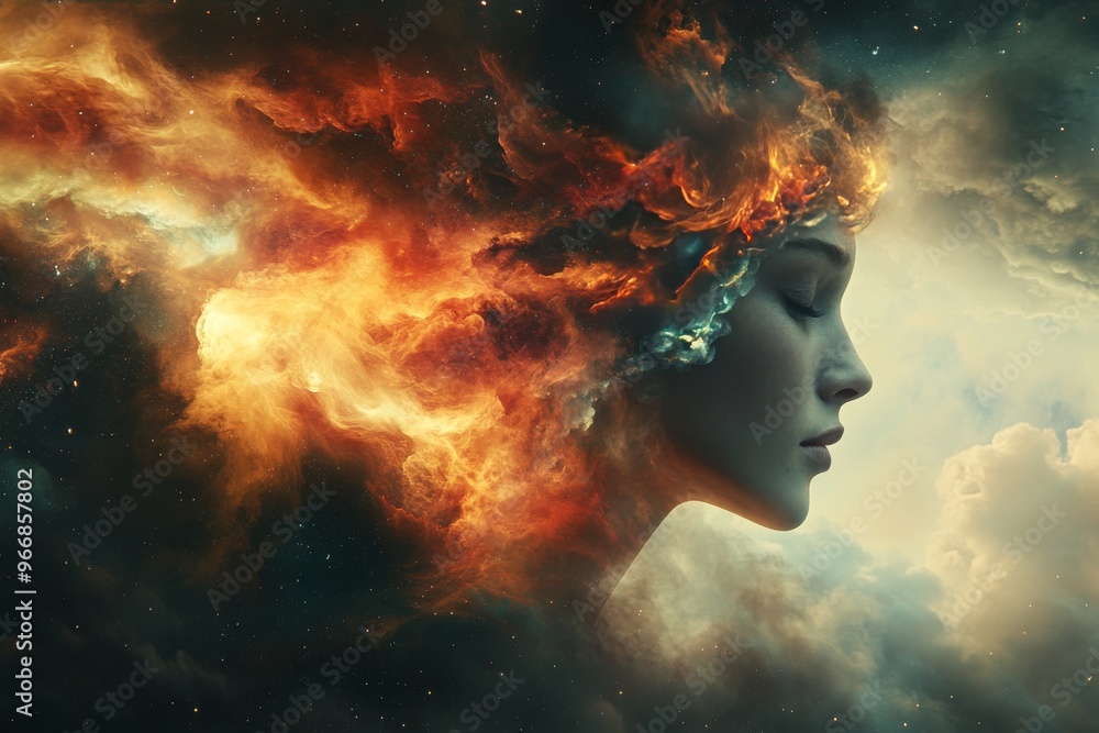 Brain interface cognitive focus and cognitive process woman with a ...