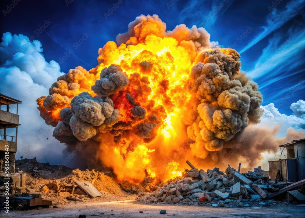 Vibrant orange and yellow flames erupt from a massive explosion ...