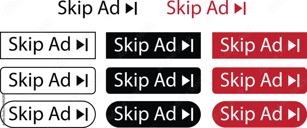Set of Skip ad buttons icons in black, Red line and flat styles. skip advertisement png button ...