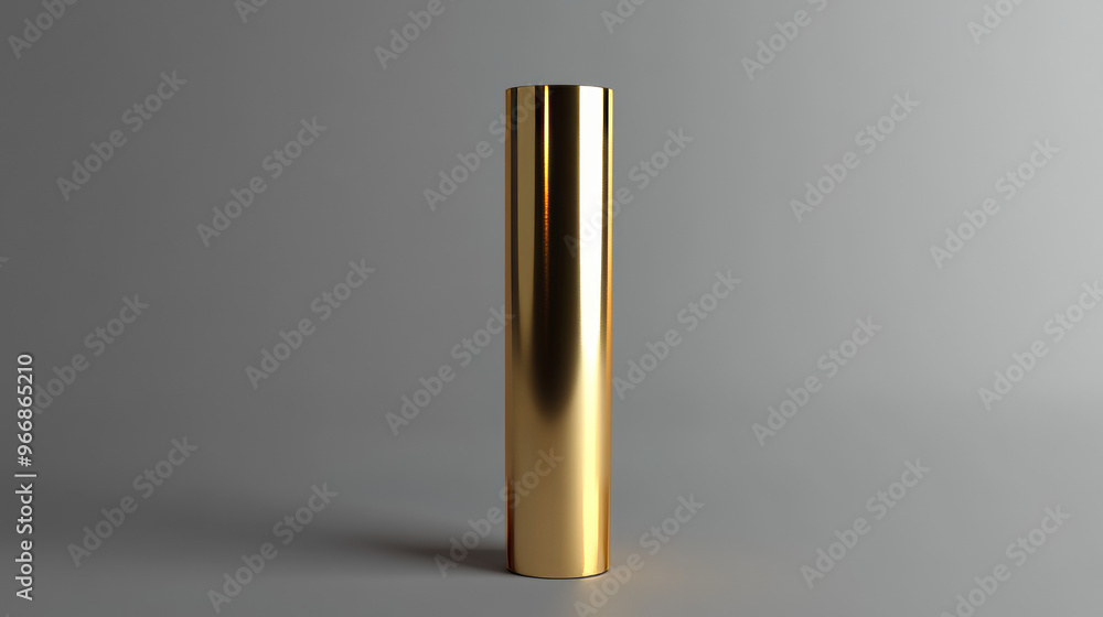 A shiny gold cylinder stands on a gray background. It looks like a ...